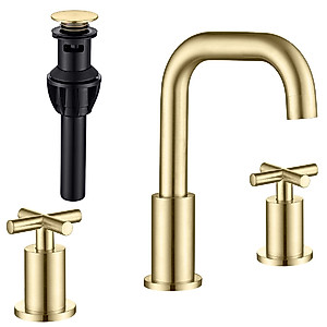 8 Inches Widespread Bathroom Faucet Brushed Gold, 2 Handle Brass Bathroom Faucets for Sink 3 Hole with Valve and Pop-Up Drain Assembly by ChiLDano, CH3163BG