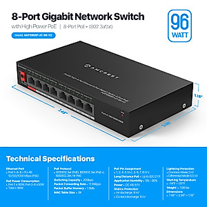 Amcrest 8-Port POE+ Power Over Ethernet POE Switch with Metal Housing, 8-Ports POE+ 802.3af/at 96w (AGPS8E8P-AT-96-V2)