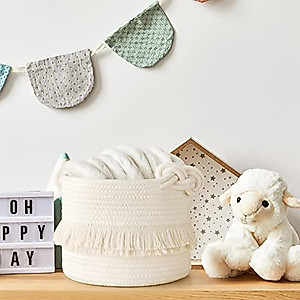 CherryNow Small Woven Storage Baskets Cotton Rope Decorative Hamper for Diaper, Blankets, Magazine and Keys, Cute Tassel Nursery Decor - Home Storage Container – 9.5'' x 7''