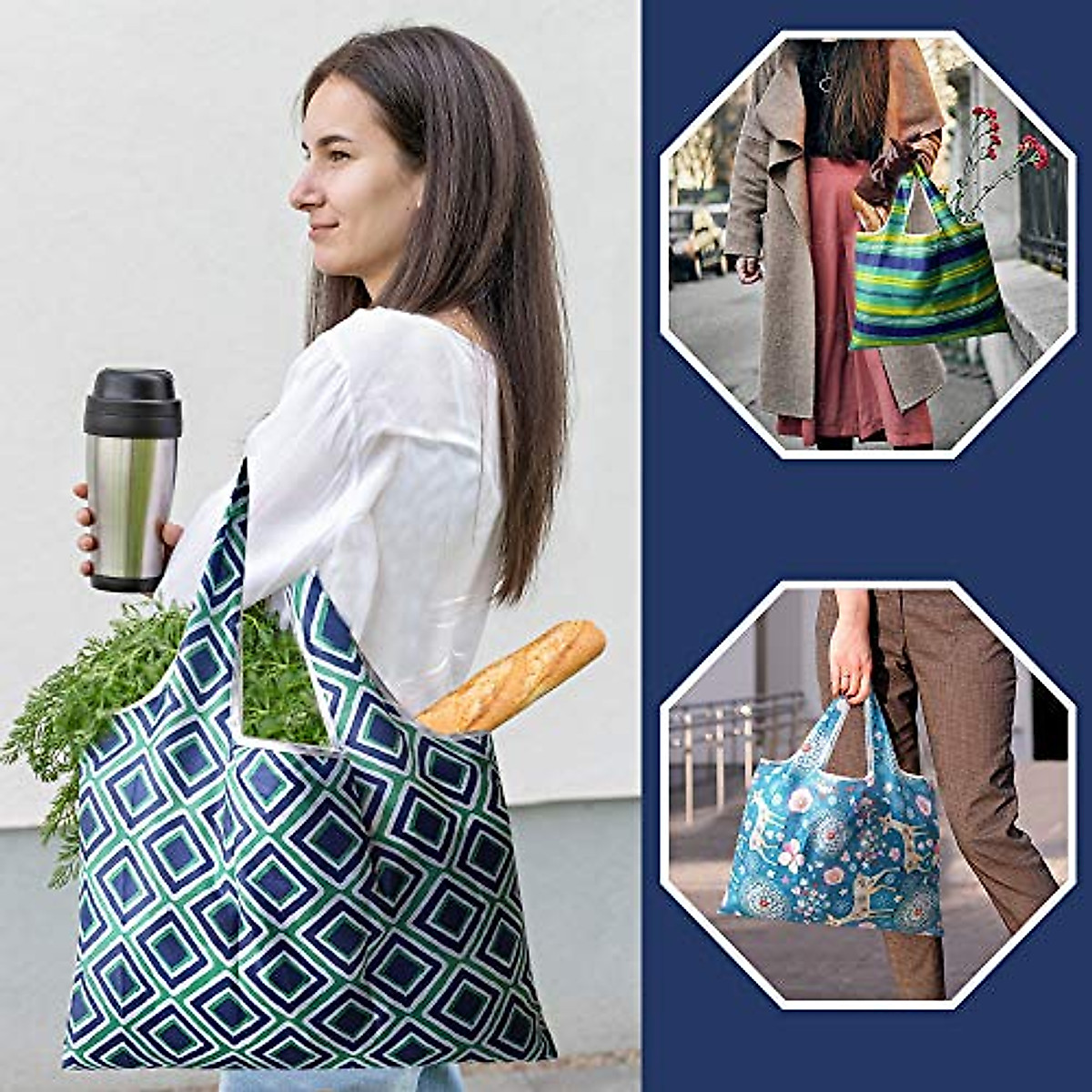 6 Pack Reusable Grocery Shopping Tote Foldable Bags with Pouch, Large Capacity, Durable, Washable, Heavy Duty Lightweight, Eco-Friendly, Waterproof, Geometry Animal Floral Design also for Travel, Gift