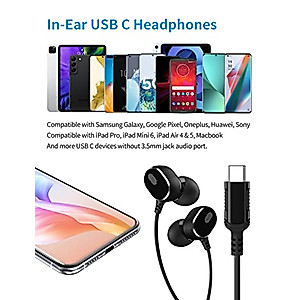 USB C Headphones Wired Earphones HiFi Stereo Type C Earbuds Noise Canceling in-Ear Headset with Mic Volume Control Bass for Samsung S23 S22 Ultra S21 FE S20 A53 Fold4 Pixel 7 6 6a 5 iPad Pro MacBook