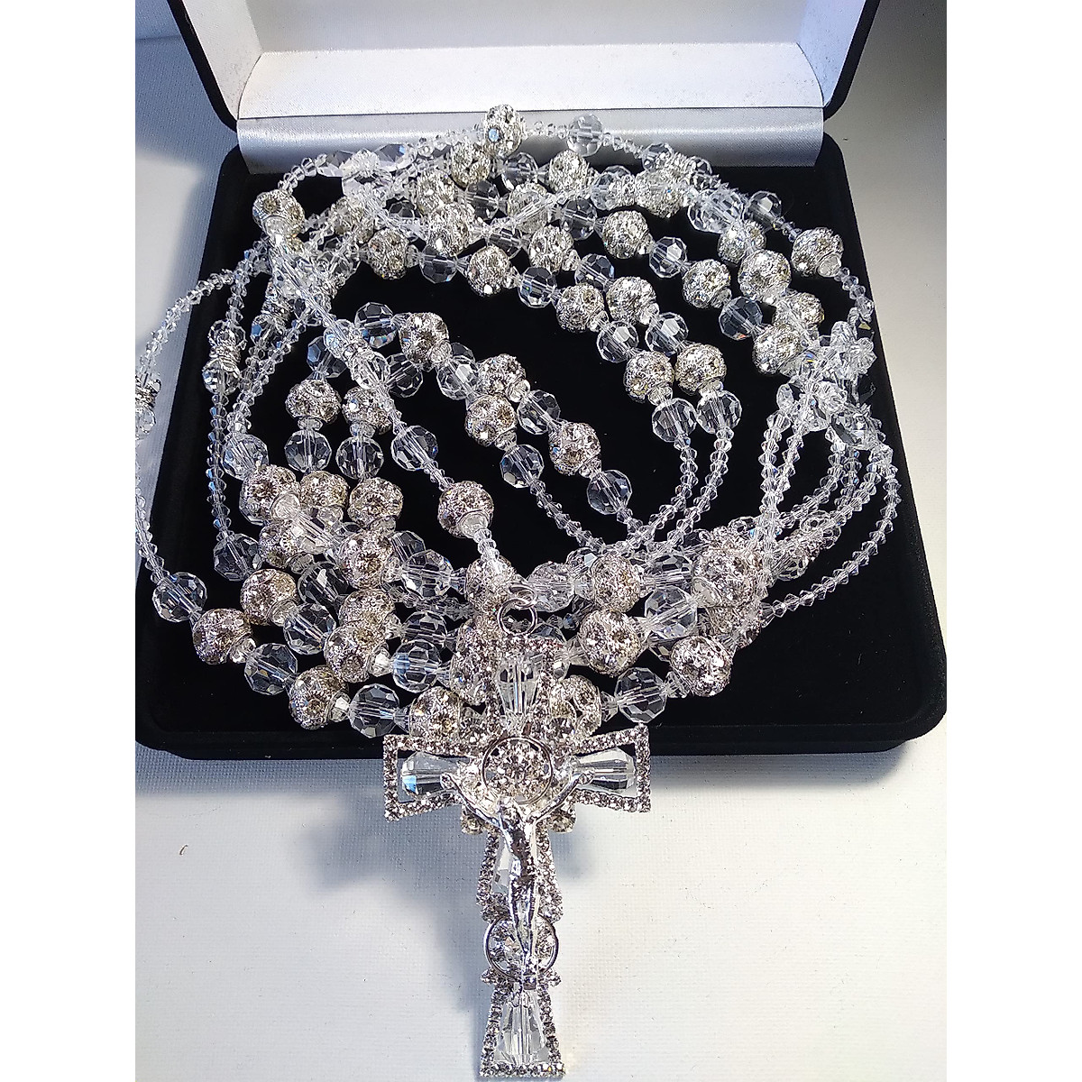 Wedding Lasso/Lasso para boda de Cristal fino Combinado con bola de rhigestone de 16 mm con Cristal Lasso Color Plata sin imagenes y Cruz catolica.