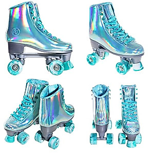 JajaHoho Roller Skates for Women, Holographic High Top Faux Leather Rollerskates, Shiny Double-Row Four Wheels Quad Skates for Girls Age 8-50 Indoor Outdoor (Mint Green, Size 9)