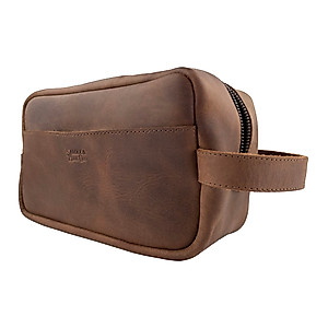Saddle & Hide Co., Toiletry Bag with Handle Handmade from Full Grain Leather, Hygiene Organizer, Travel Dopp, Bathroom, Shaving, Storage, Travel & Grooming Essentials :: Bourbon Brown