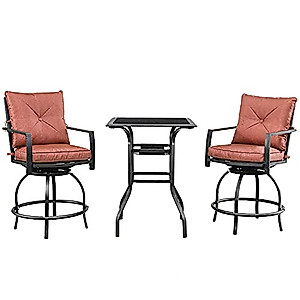 LOKATSE HOME 3 Piece Outdoor Patio Bistro Swivel Bar Sets with 2 Stools and 1 Glass Top Table, Chair, Red