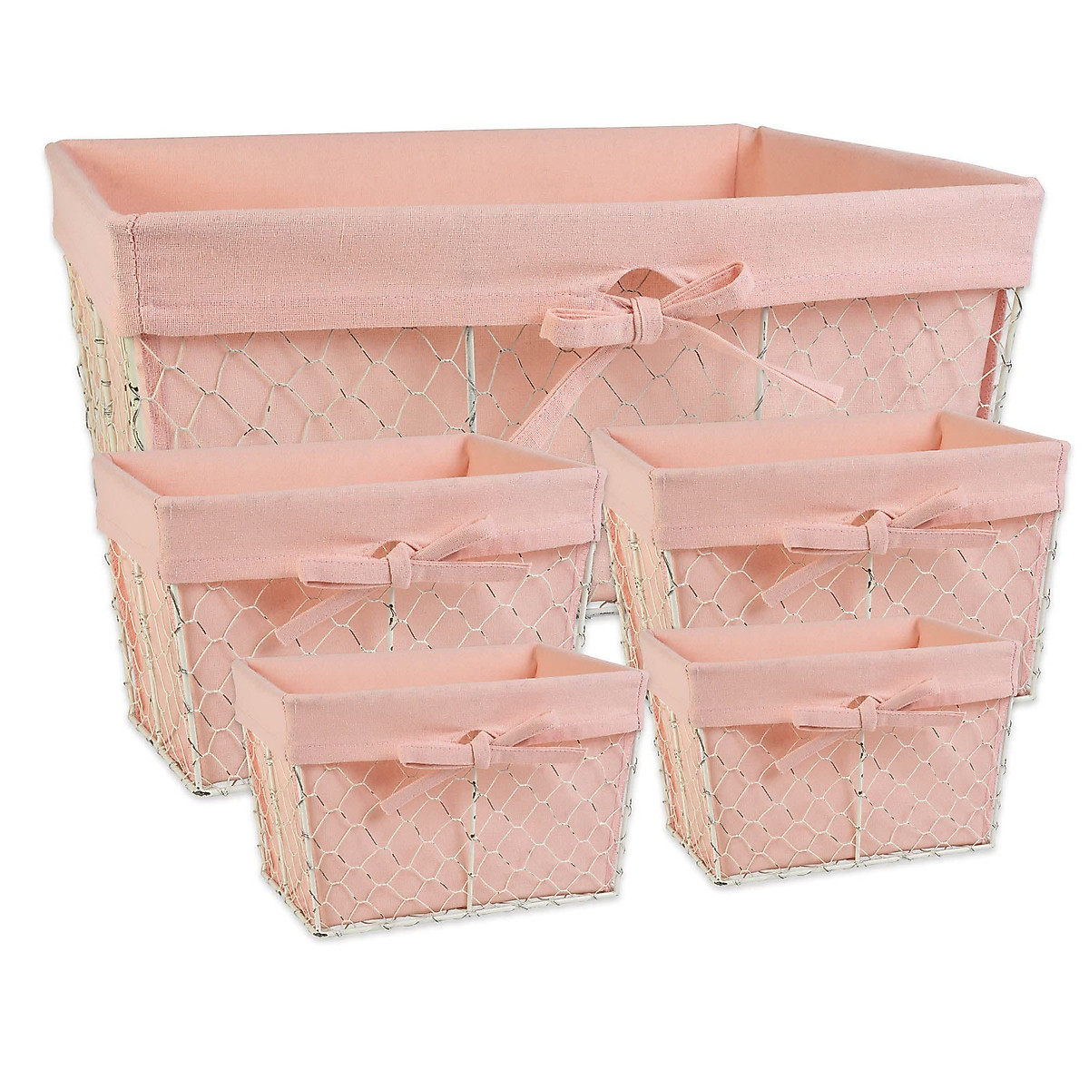 Chicken Wire Basket Set of 5 Antique White - Blush, Farmhouse Chicken Wire Storage Baskets with Liner, Set of 5, Antique Blush, Assorted Sizes, Open Storage Bins.