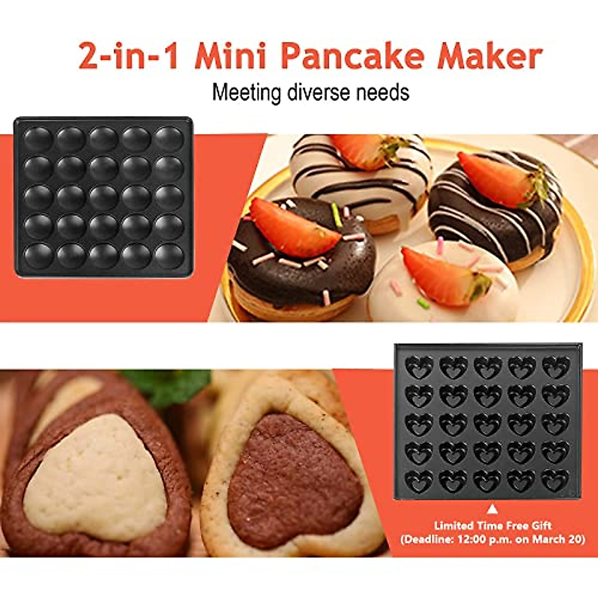Multifunction Mini Pancakes Maker Machine,Commercial Electric Dutch Pancakes Baker Maker,25PCS Muffin Iron with 2 Interchangeable Nonstick Baking Plates for Home,Restaurants,Kitchen,Snack Bar…