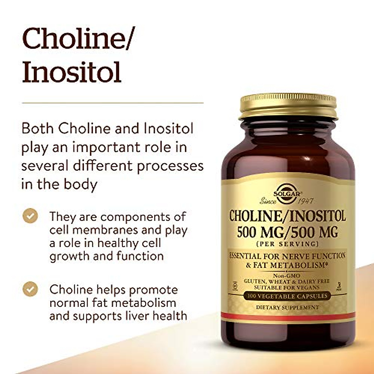 Solgar Choline/Inositol 500 mg/500 mg, 100 Vegetable Capsules - Energy Metabolism, Liver Health, Essential for Brain & Nerve Function - Non-GMO, Vegan, Gluten Free, Dairy Free, Kosher - 100 Capsules