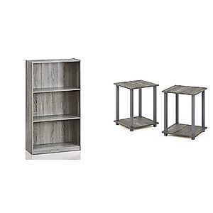 Furinno Basic 3-Tier Bookcase + 2 End Tables ‚Äì Storage Shelving Unit and Nightstands in French Oak Grey