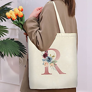 Binggemen Initial Canvas Tote Bag with Zipper Pockets,Personalized Totes for Women Bridesmaids Teacher,Cosmetic Makeup Bag,Monogrammed Gifts for Wedding Birthday (Letter R)