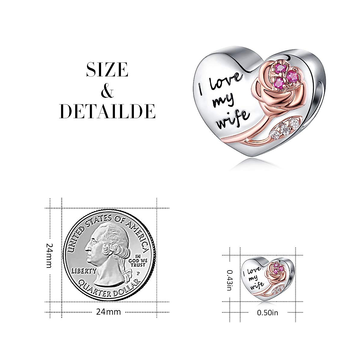 FOREVER QUEEN 925 Sterling Silver I Love My Wife Heart Love with 3D Rose Flower Charms Beads for Bracelets Necklaces Wedding Valentine's Day Mother's DayGift Jewelry for Women