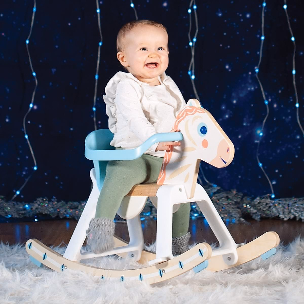 DJECO BabyCavali Wooden Rocking Horse - Fun Ride-On w/Removable Restraining Bar for Home or Baby Gifts - Fun Toy for Toddlers & Children, Active Play for Kids Months 12+ - Medium