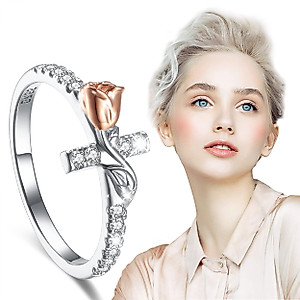 SOLOLIKE Sterling Silver Christian Purity Rings for Women: Cross Rose Rings Size 5-10 Stackable Engagement Ring Inspirational Bands Rings - Fashion Jewelry Gifts for Her