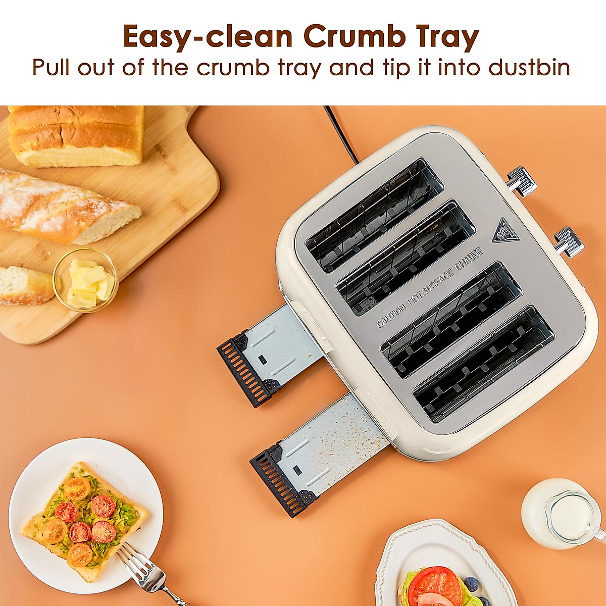 Toaster 4 Slice, Roter Mond Retro Stainless Steel Toaster with Extra Wide Slots Bagel, Defrost, Reheat Function, Dual Independent Control Panel, Removable Crumb Tray, 6 Browning Levels, Cream White