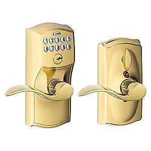 Schlage FE595 CAM 505 ACC Camelot Design Keypad Entry with Accent Levers, Lifetime Polished Brass