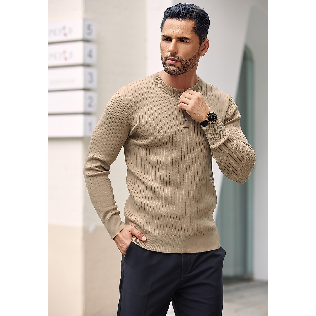 COOFANDY Men's Long Sleeve Knit Henley Shirts Casual Henley T-Shirts Lightweight Ribbed Sweater Khaki
