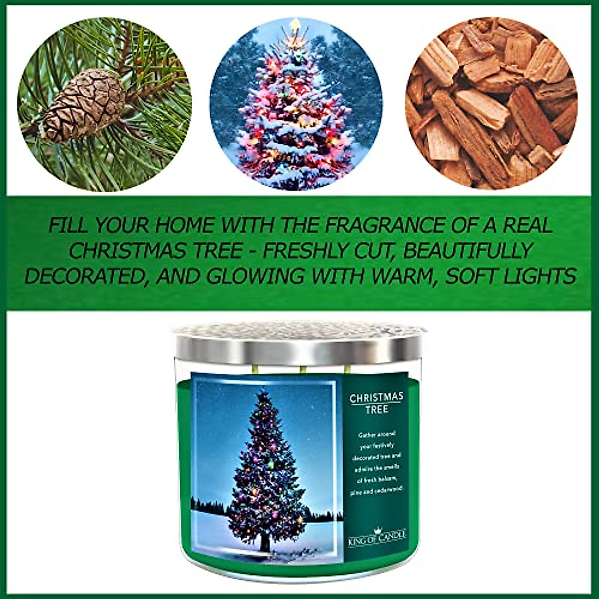 King of Candle - Christmas Tree | Large 3 Wick Strong Scented Christmas Candles Gifts for Women | Balsam Pine Evergreen Fir Fragrance| USA Made Long Lasting 14 oz Soy Wax + Decorative Lid