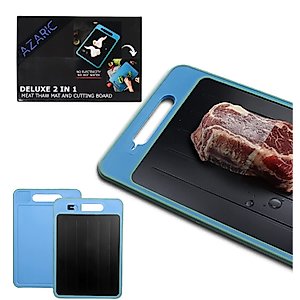 Defrosting Tray - 2-in-1 Meat Thaw Mat and Cutting Board - Groove Tray - Non-Stick Thawing Plate - Meat Cutting Board - No Heat Miracle Thaw - Compact - Knife Sharpener, Zester - Green/Blue