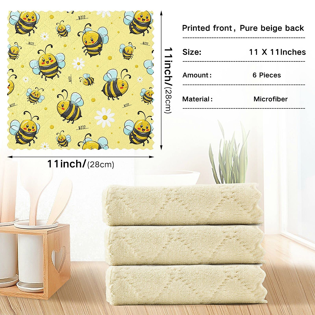 JIPONI 6 Pack Kitchen Dishcloth, Cute Honey Bee Cartoon Absorbent Dish Towels Reusable Soft Cleaning Cloths 11 x 11 inch