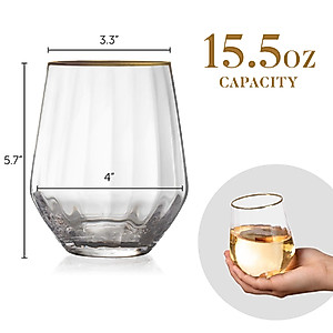 Hand blown Stemless 15.5 Oz. Wine Glass - 24K Gold-Rim - Set of 4 Classic Red & White Wine Glasses + Bottle Stopper, Lead-Free Crystal Cocktail Goblet -Tumbler for Entertaining & Gifting, Lumi & Numi