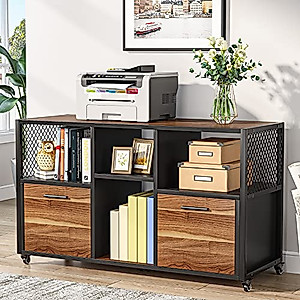 Tribesigns 2 Drawer Wood File Cabinets, Modern Mobile Lateral Filing Cabinet for Letter/ A4 Size, Printer Stand with Open Storage Shelves and Drawer for Home Office, Rustic Walnut