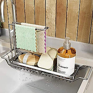 BEENLE 304 Stainless Steel Telescopic Sink Caddy Sponge Holder,Expandable Kitchen Sink Organizer Dish Drainer Rack Sink Tray Brush Soap Holder(16.7''- 21.3'') ,Silver
