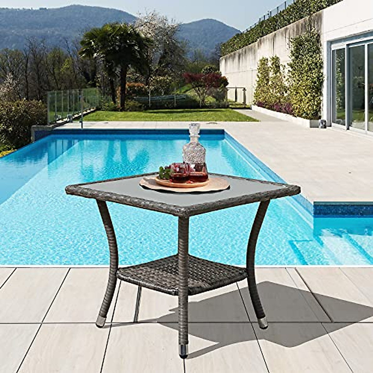 Verano Garden Outdoor Side Table, 20" Square Wicker End Table, Tempered Glass Top Coffee Table with Storage, Aluminum Frame-Gray