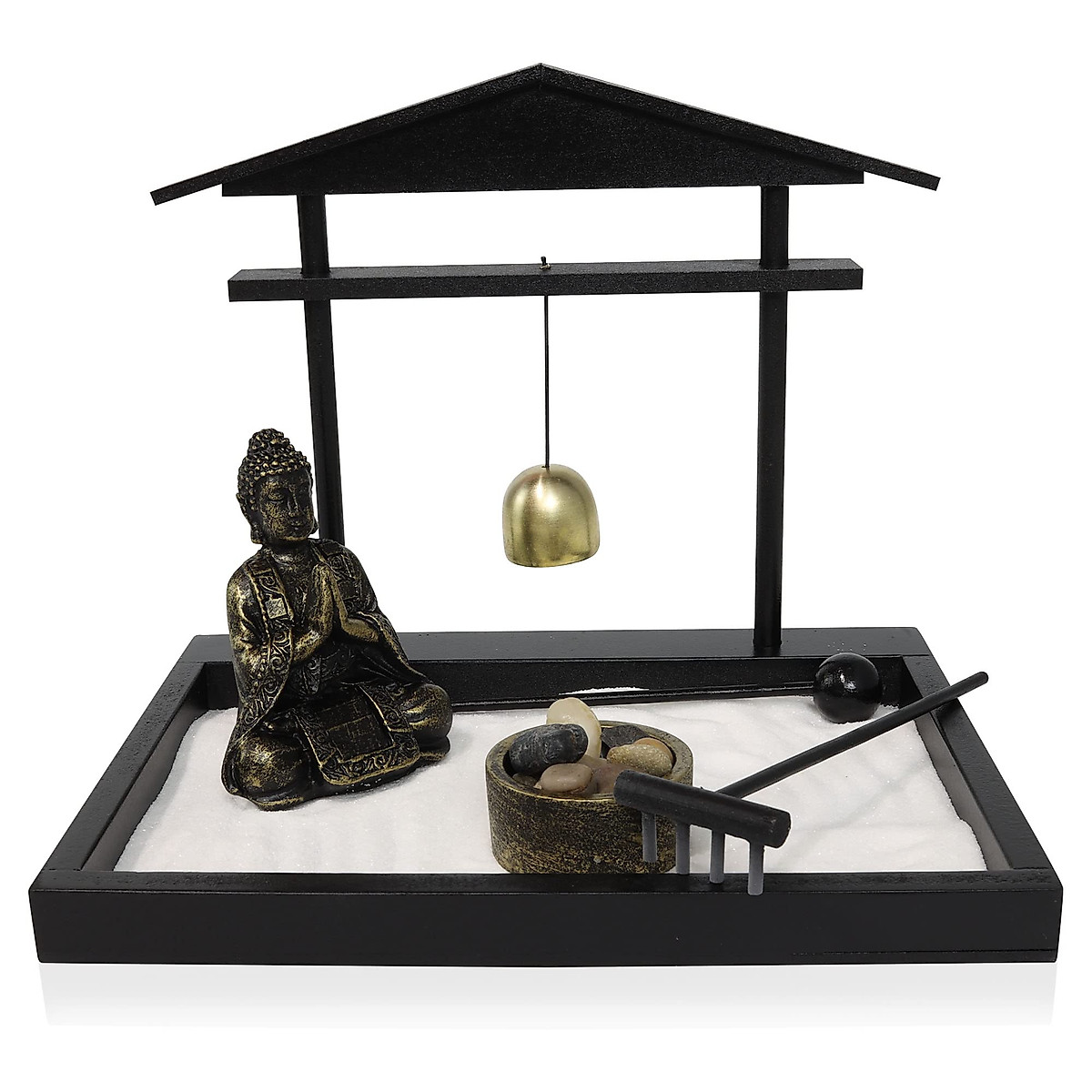 Japanese Zen Garden Kit Home Decor - Mini Zen Garden Buddha with Bell Hanging Archway Office Desk Accessories - Zen Sand Garden Desk Office Decor - 8.5" x 6.5" x 7"