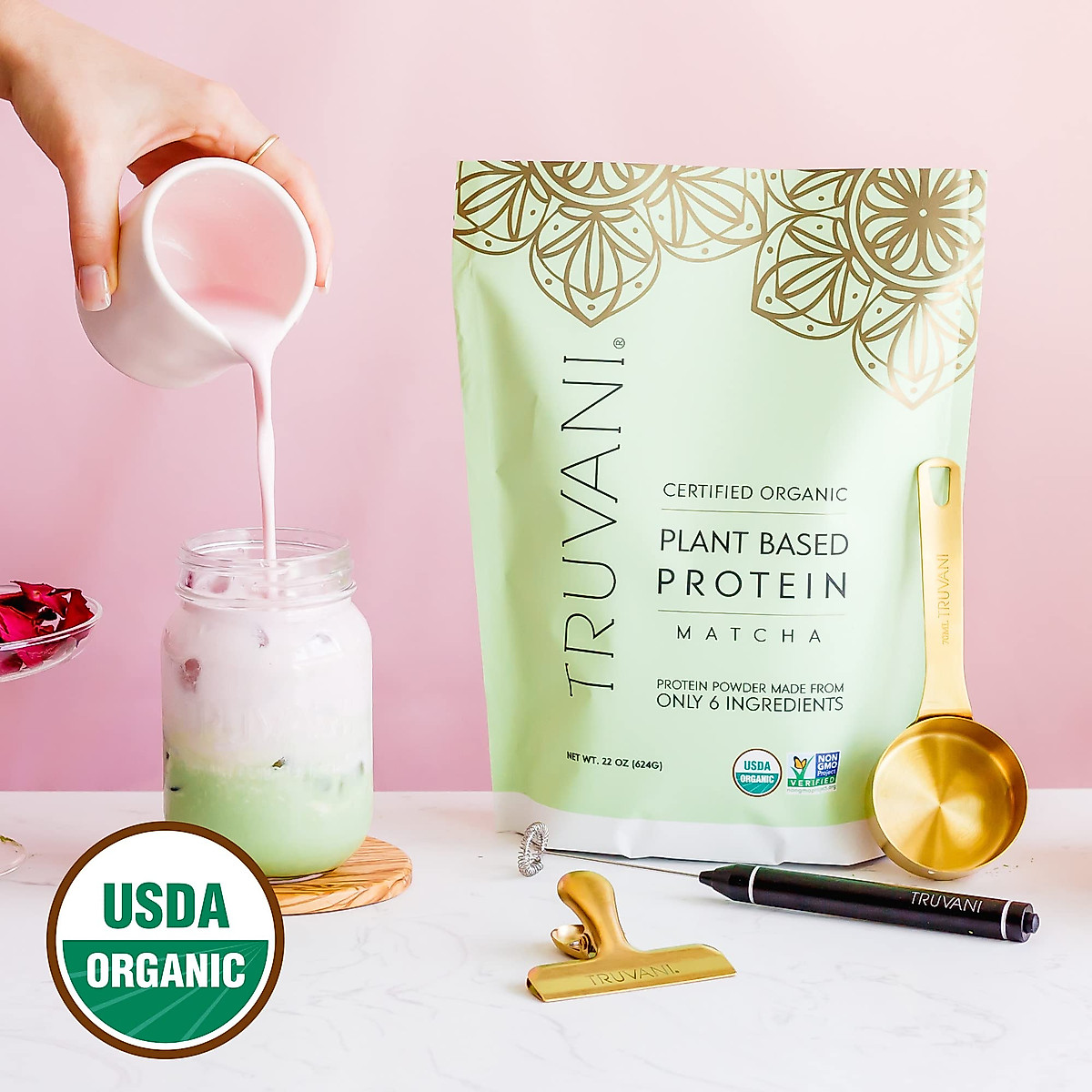 Truvani Vegan Matcha Protein Powder with Frother & Scoop Bundle - 20g of Organic Plant Based Protein Powder - Includes Portable Mini Electric Whisk & Durable Protein Powder Scoop