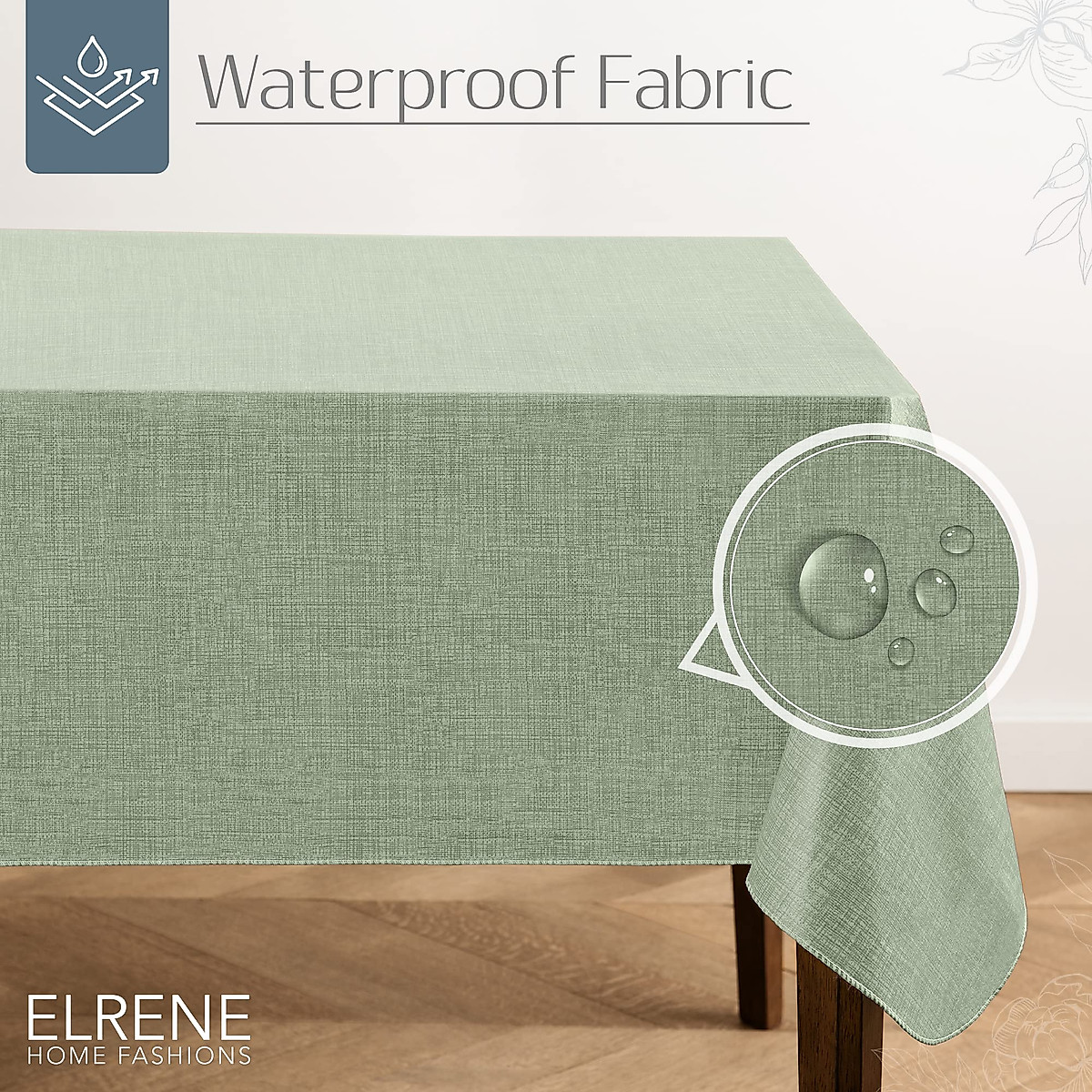 Elrene Home Fashions Monterey Linen Inspired Water- and Stain-Resistant Vinyl Tablecloth with Flannel Backing, 52 inches X 70 inches, Rectangle, Sage