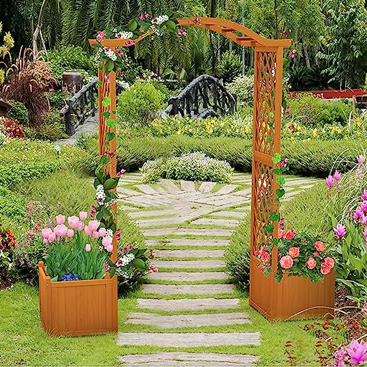 Giantex Garden Arbor with Planter, Wooden Planter Arch with Trellis, Outdoor Arch for Climbing Plants, Vegetables, Herbs, Decorations, Arbor Archway for Wedding, Ceremony, Party (Natural)
