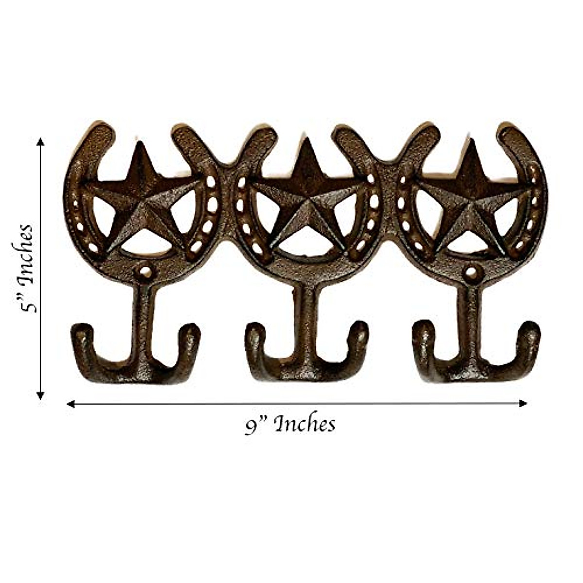 Urbalabs Western Cast Iron Rustic Country Wall Hooks Coat or Key Holder Wall Hook Mounted Decorative for Hats, Coats, Keys, Towels, Mudroom, Entryway, Mancave, Garage Bronze Finish (3 Horse Shoe Star)