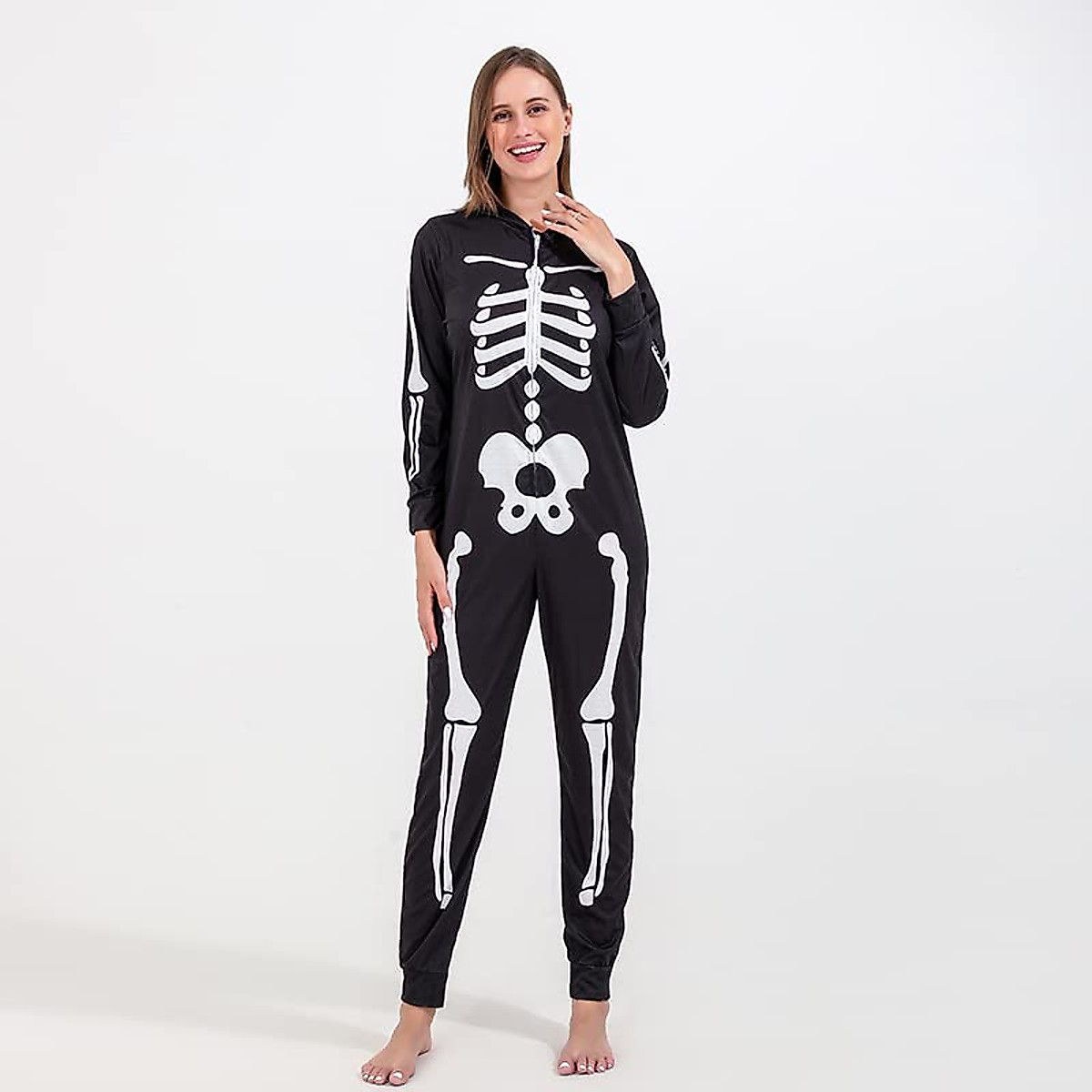 Family Halloween Skeleton Pajamas Funny Zipper Hooded Jumpsuit Matching Family Pjs Sleepwear (Women, Medium)