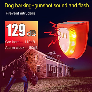 Comboss Solar Outdoor Motion Sensor Alarm, Barking Dog Motion Sensor, Barking Dog & Gunshot Sound 129bd Super Loud Noise Strobe Light with USB Charge Cable 3 Work Modes for Farm, Villa Yard