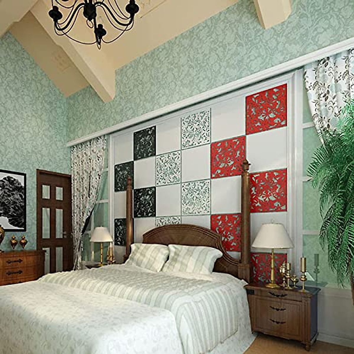 Hanging Room Divider Made of PVC, 24 PCS Partitions Panel Screen for Decorating Bedroom, Dining, Study and Sitting-Room, Hotel, Bar,Restaurant, 4 Pieces Each of Black, Red, and White