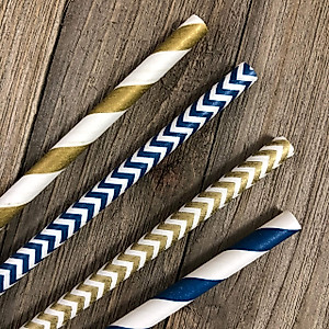 Outside the Box Papers Navy Blue and Gold Chevron and Stripe Paper Straws 7.75 Inches 100 Pack Navy Blue, Gold, White