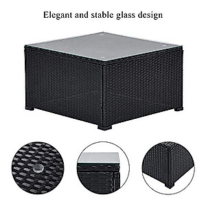 VOGU 5-Piece Outdoor Patio Dining Set Furniture Set, PE Wicker Rattan Sectional Corner Sofa Set Furniture Set with Ottoman/Glass Coffee Table Lying Chair (Black Wicker + Beige Cushion 05)