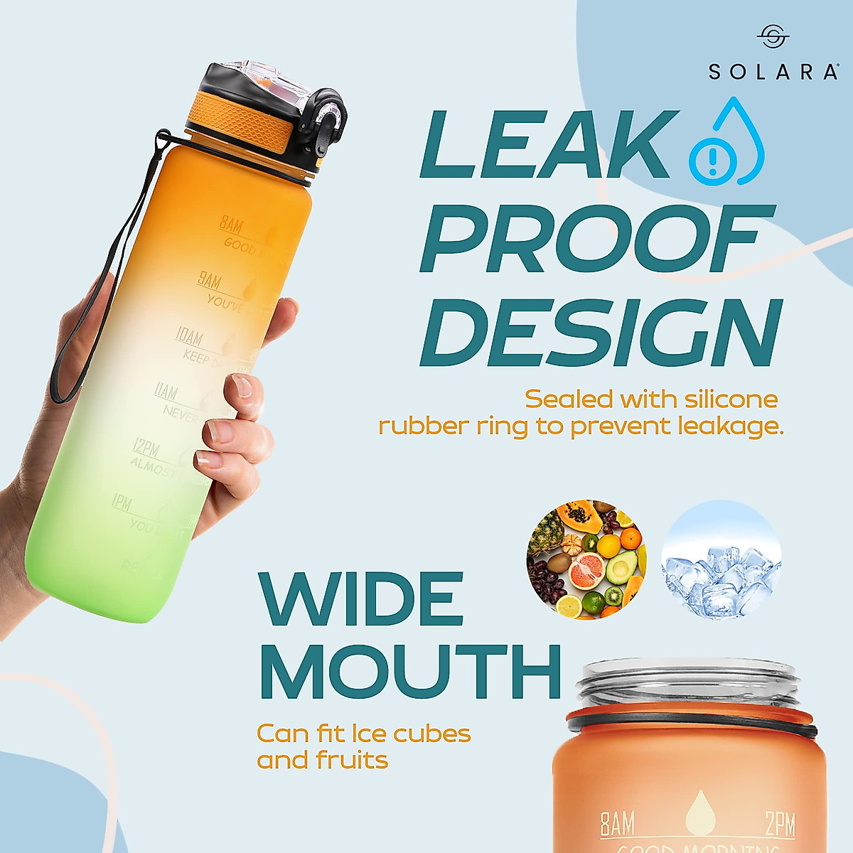 SOLARA Motivational Water Bottle with Straw, Water bottles with time to drink, 32oz water bottle BPA free, Large water bottle with straw, Large Water bottles with times to drink | Orange White Green
