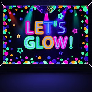 6x4ft Neon Let's Glow Party Backdrop Colorful Photography Background Glow in The Dark Party Supplies, Neon Party Decorations for Kids Birthday Supplies (71 x 47 Inch)