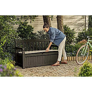 Keter Eden 70 Gallon Storage Bench Deck Box for Patio Furniture, Front Porch Decor and Outdoor Seating – Perfect to Store Garden Tools and Pool Toys,Brown / Brown