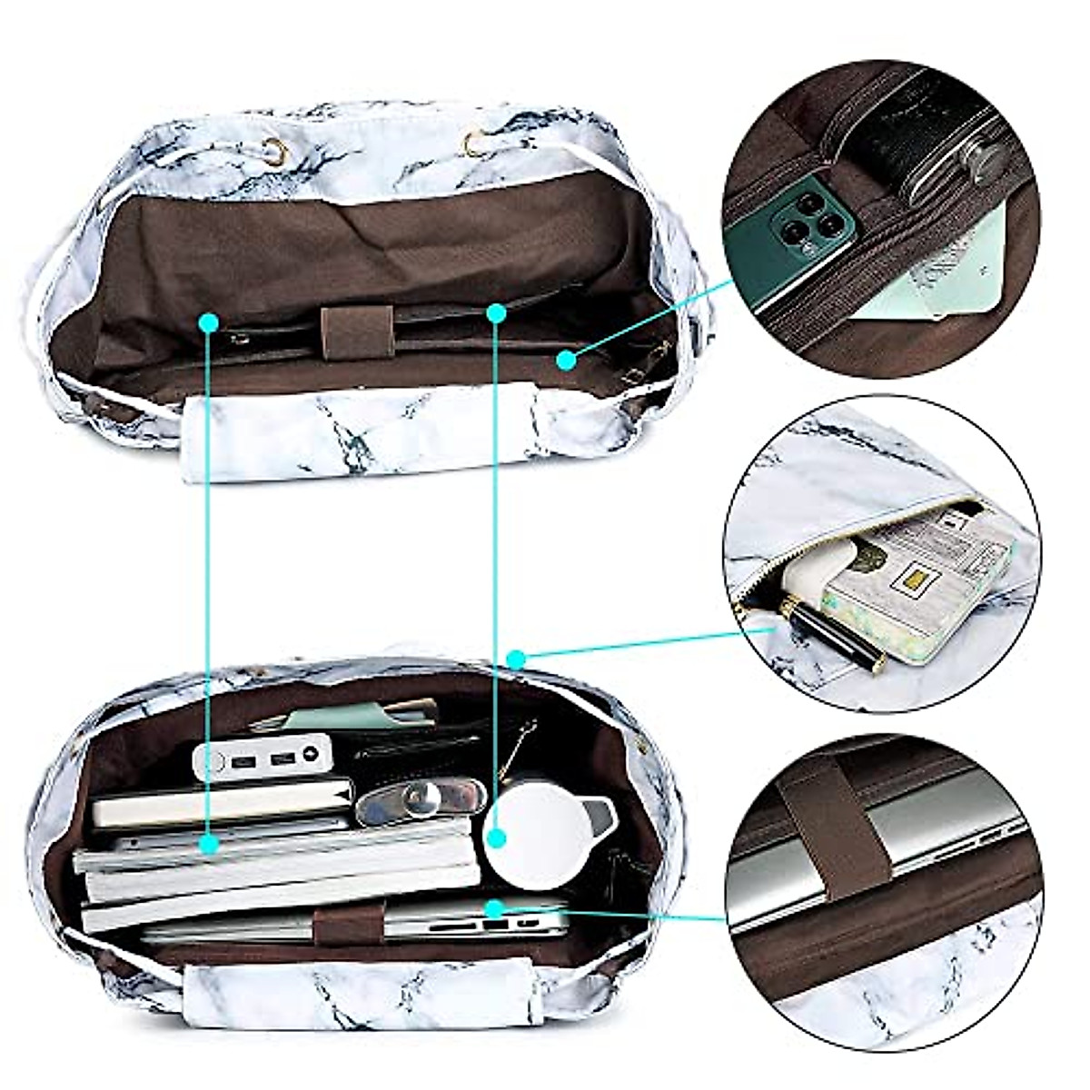 Bluboon Girls School Backpack Women College Bookbag Lady Travel Rucksack 15.6Inch Laptop Bag with Charge Port (A-Marble)