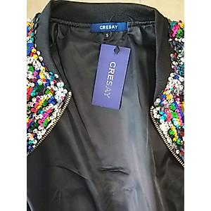 Cresay Women's Sequin Fitted Long Sleeve Zipper Blazer Bomber Jacket-Rainbow S