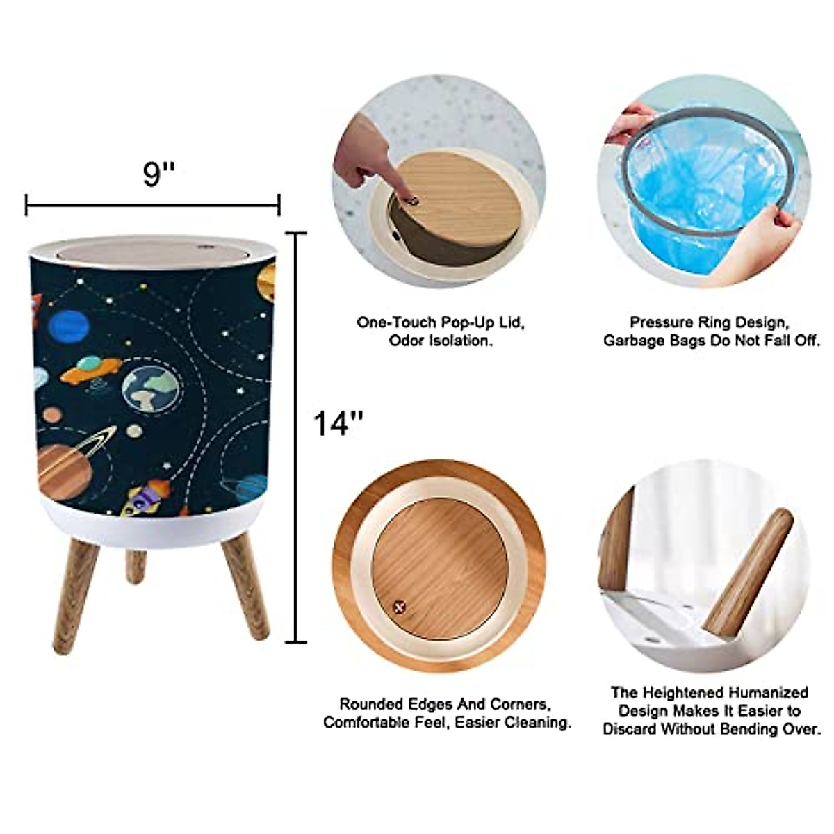 CAKOJV188 Round Trash Can with Press Lid Space Theme Solar System Kids Cartoon Planet Seamless Rocket UFO Small Garbage Can Trash