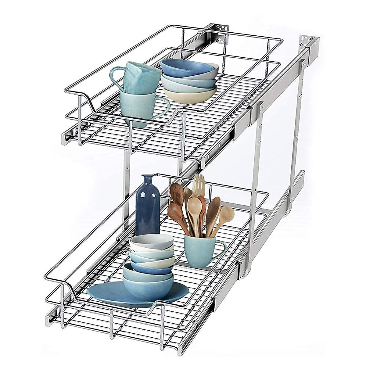 STORKING 2 Tier Kitchen Cabinet Pull Out Organizer, Slide Out Pantry Storage Basket in Multiple Sizes,for Kitchen Base Cabinets,Anti-Rust Chrome-Plating,11 "Wx 22 "D x 15.4 "H