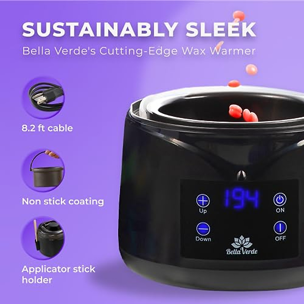 Bella Verde Waxing Kit - Home Wax Kit for Women and Men - Wax Warmer with LED display - 5 Packs of Wax Beads - Wax Pot - Pre & Post Wax Spray 20 Wood Sticks - Hard Wax Beans for Brazilian Body Legs Eyebrows Face Lips Armpits