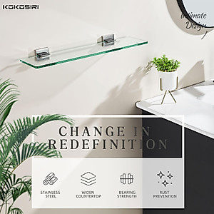 KOKOSIRI Wall Shelves Floating Bathroom Glass Shelf for Kitchen Storage, 16'' x 5.6'' Tempered Glass Wall Mounted Polished Stainless Steel B1106CH-L16