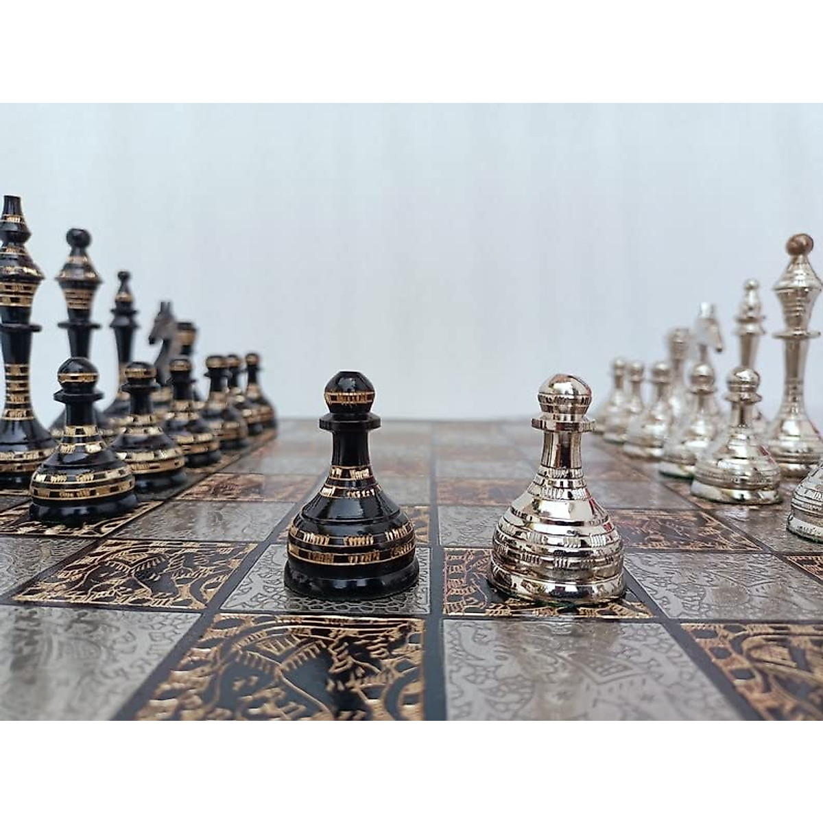 14" Handcrafted Russian Soviet Series Metal Chess Pieces & Board Set with Velvet Storage Box | Brass Metal Luxury Chess Set