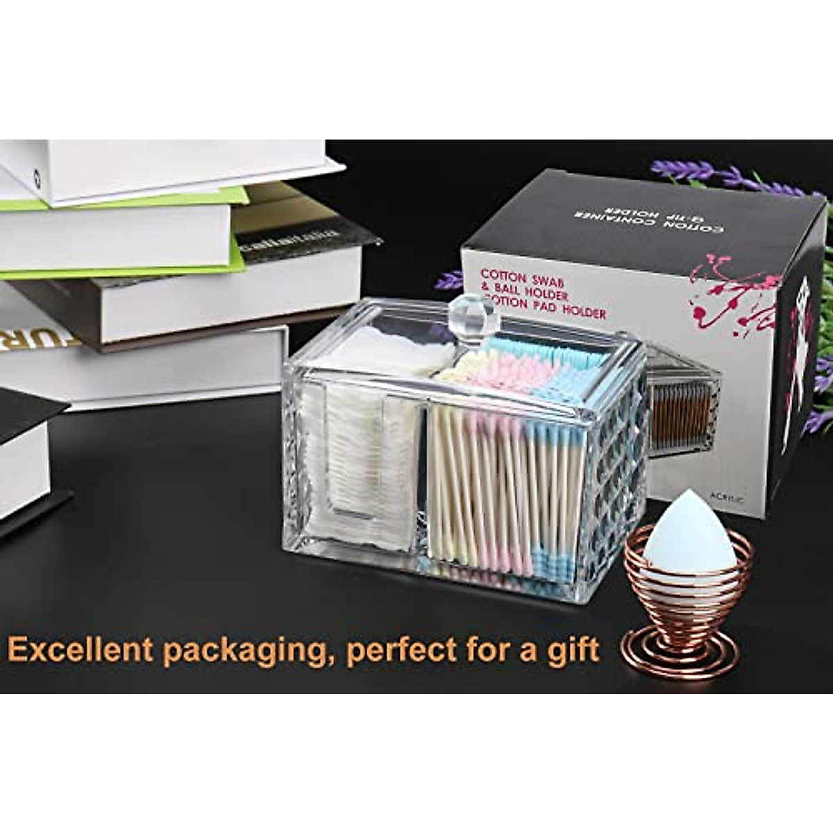 TocTen Qtip Holder Dispenser for Cotton Ball, Cotton Swab, Cotton Round Pads Jar, 3-Grid Bathroom Canister with Lid Thicken Acrylic Plastic Make Up Organizer, Extra Sponge Blender Holder Includ