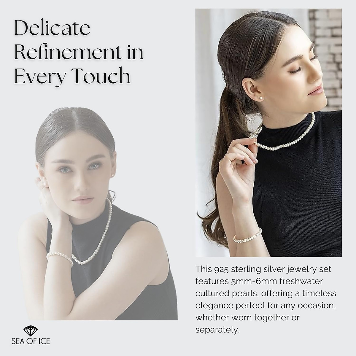 SEA OF ICE Freshwater Cultured Pearl 5mm-6mm Necklace Bracelet and Stud Earrings Silver Jewelry Set for Women