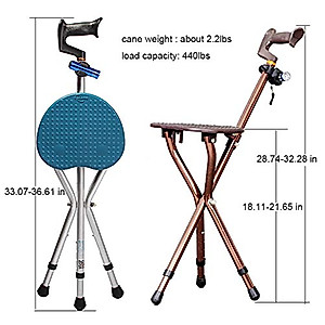 Heavy Duty Walking Cane with Folding Seat 440 lbs Capacity Adjustable Canes with Seats for Heavy Weight Thick Aluminum Alloy Cane Stool Seat Chairs (Brown with LED Light)